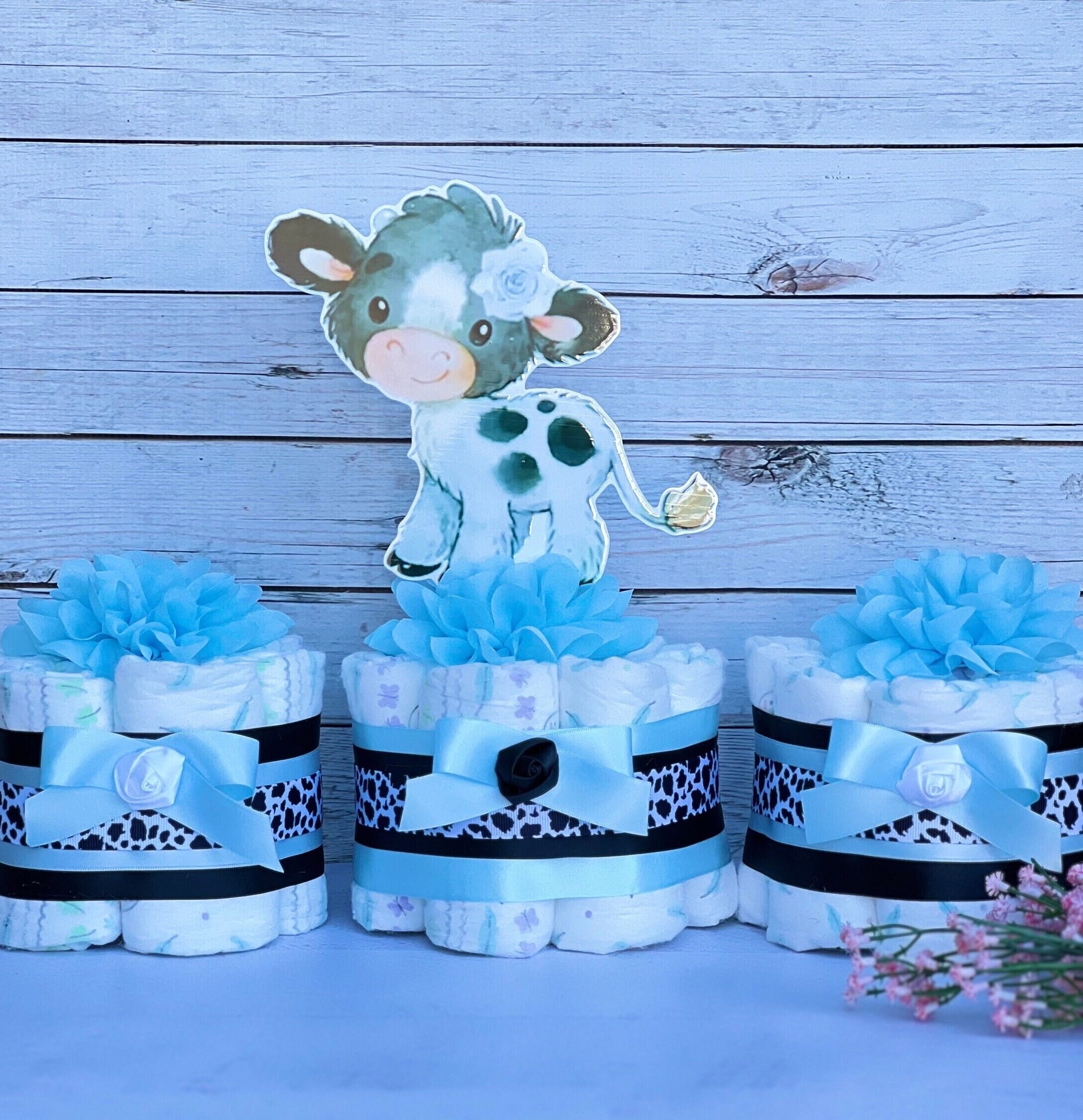 Set of 3 Highland Cow Diaper Cakes Boho Cow Baby Shower Boy Diaper Cake ...
