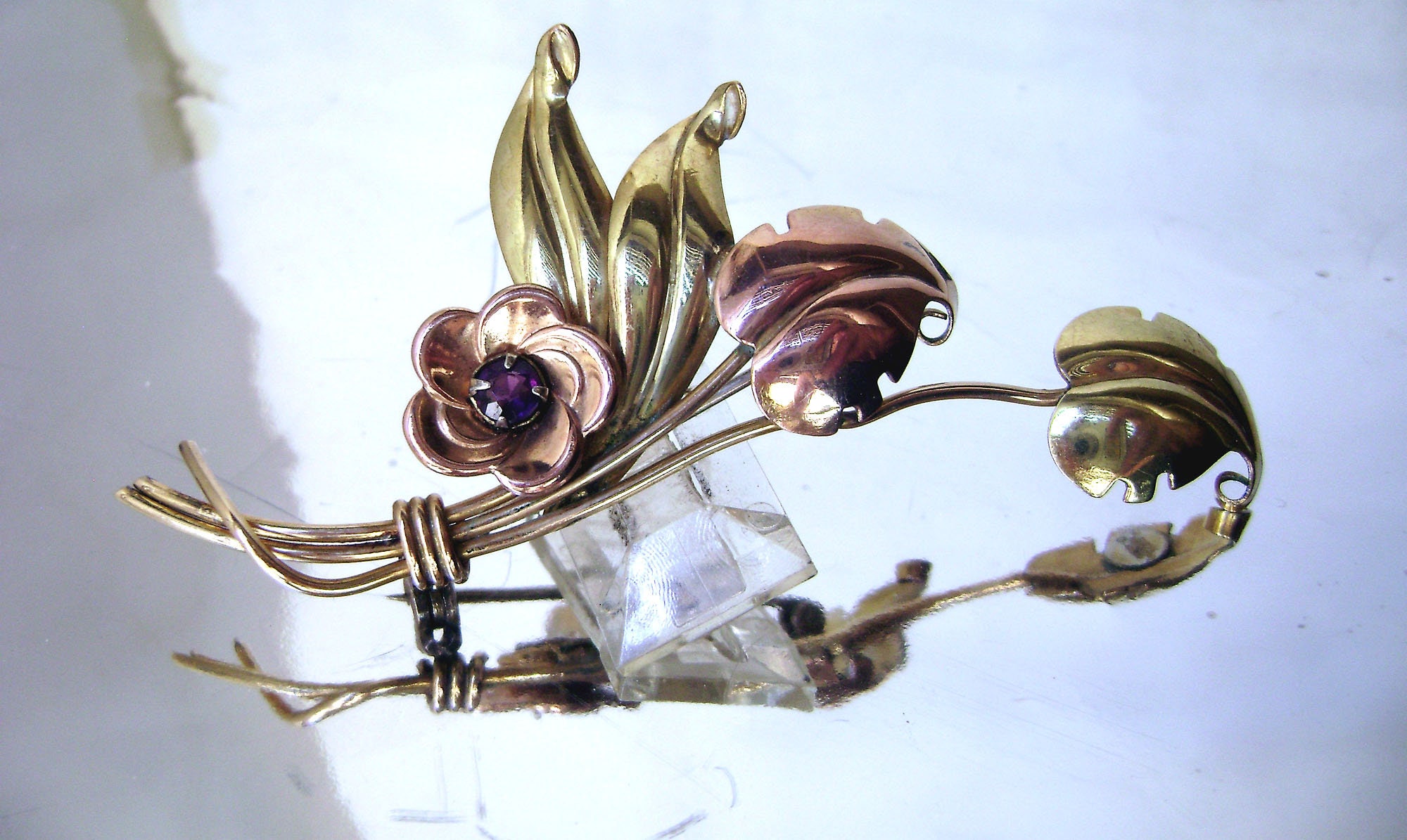 Vintage Harry Iskin Gold Filled Flower Brooch Amethyst Rhinestone Mid ...