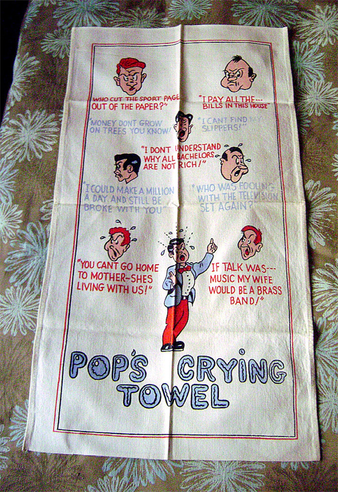 Vintage Retro Pop's Crying Towel Red Blue Graphics 1950s - Etsy