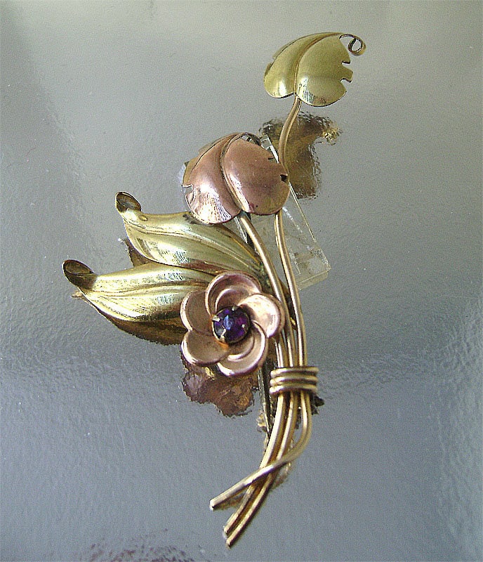 Vintage Harry Iskin Gold Filled Flower Brooch Amethyst Rhinestone Mid ...