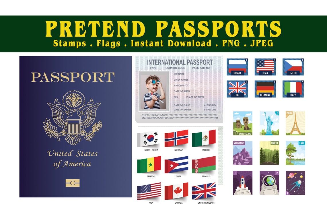 Pretend Passport With Flags Stamps for Learning and Pretend - Etsy