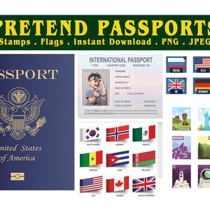 Pretend Passport With Flags, Stamps for Learning and Pretend Play, Fake ...
