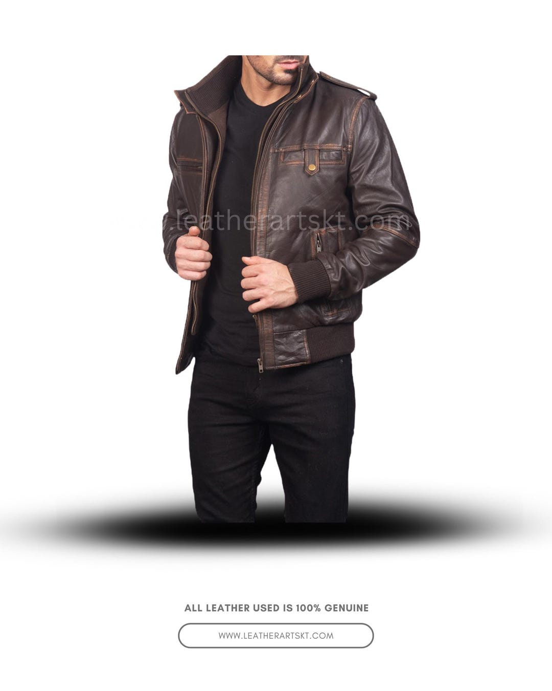 Men's Distressed Brown Leather Bomber Jacket, Stand Collar Aviator ...