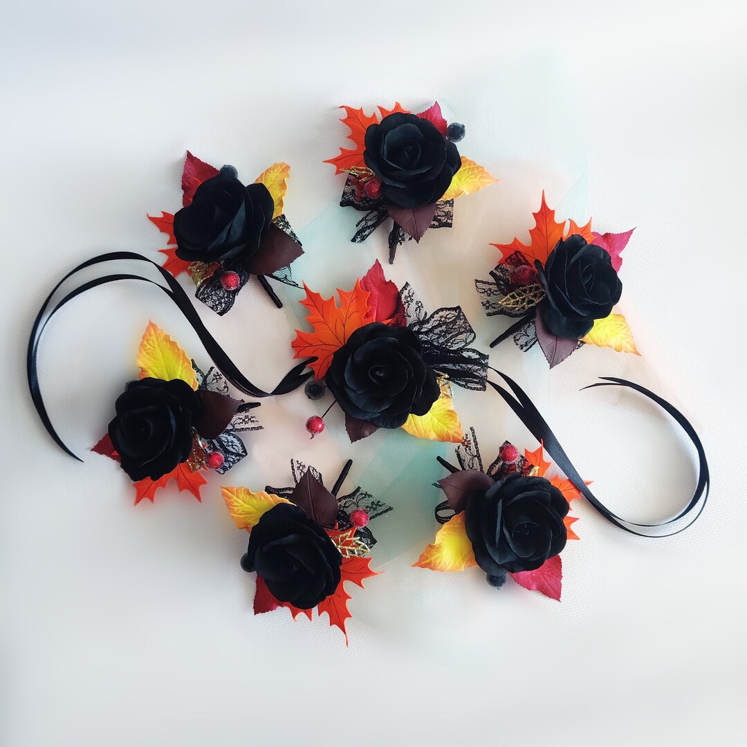 Fall Corsage and Boutonniere Set: Black Roses, Maple Leaves, Gothic ...