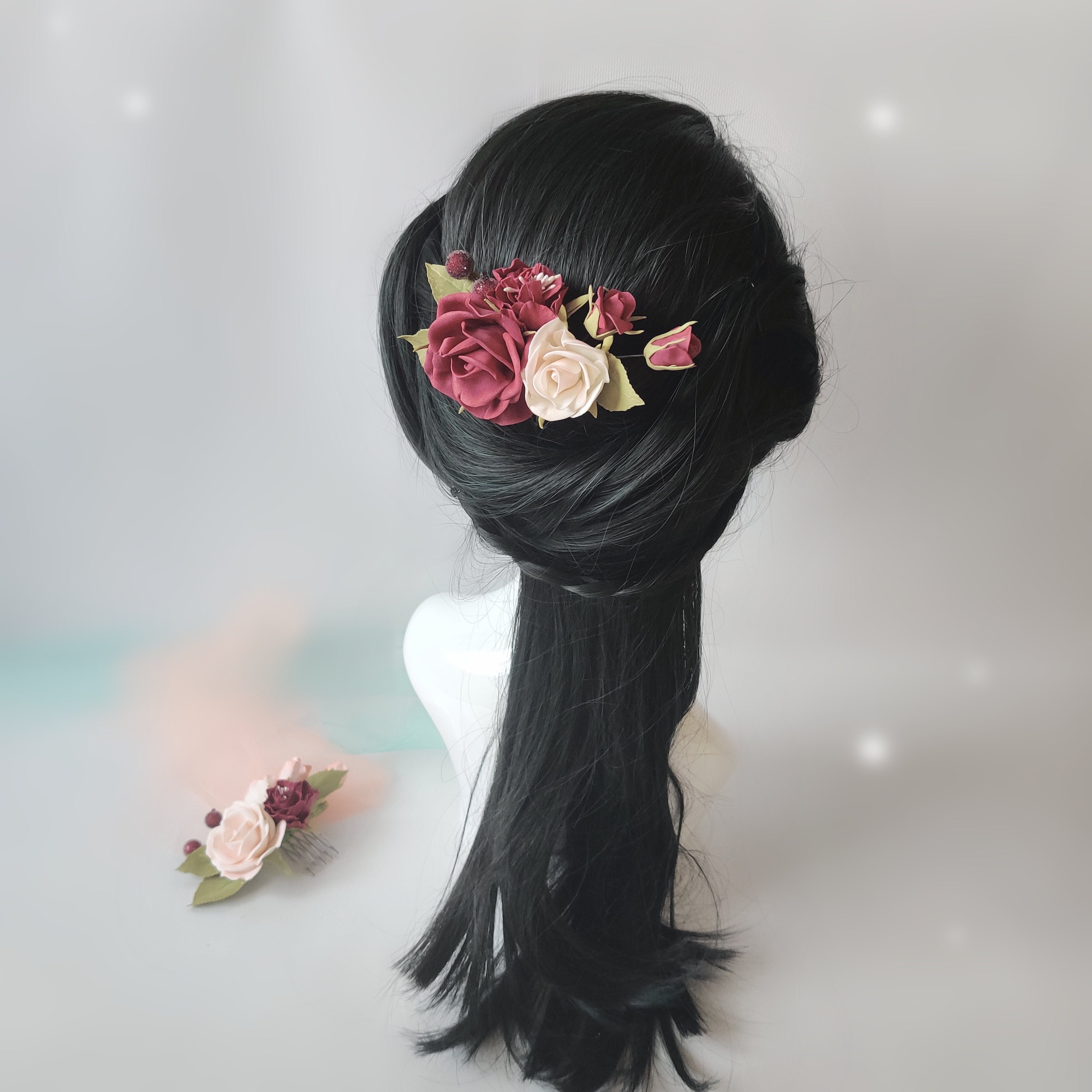 Flower Hair Comb Pink Burgundy Blush Pink Flower Comb Pink Rose Hair ...
