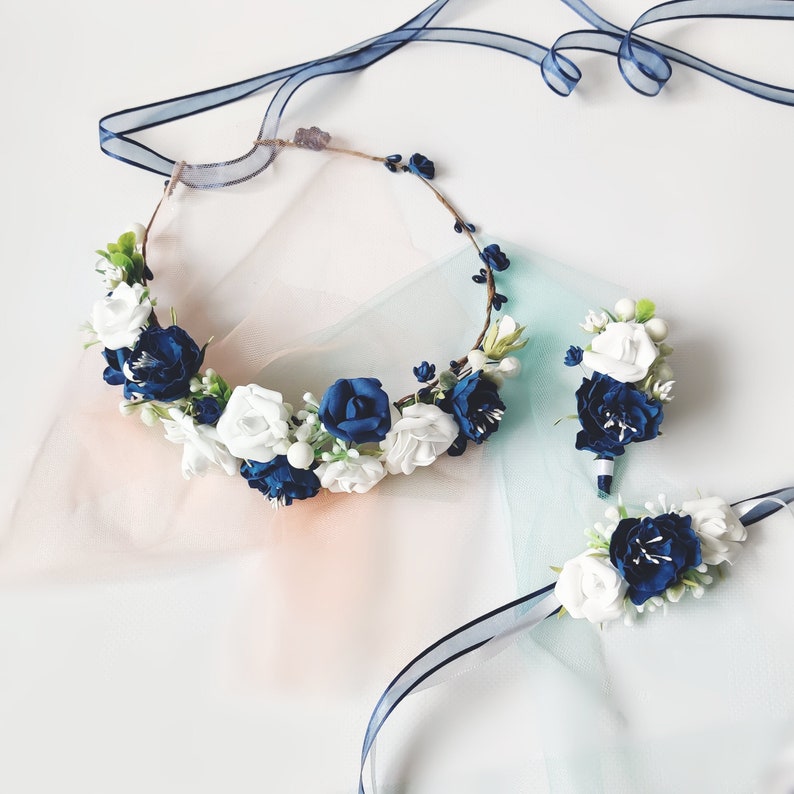 Navy Blue White Flower Crown Royal Blue Floral Crown Navy Wedding ...