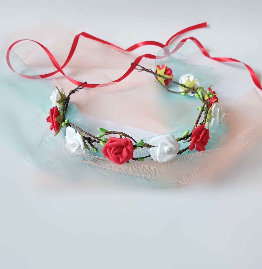 Red and White Rose Flower Crown Flower Girl Crown Bridal Floral Crown ...