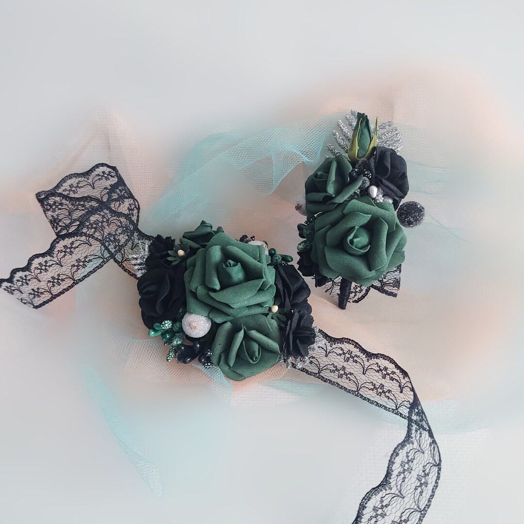 Emerald Green Black and Silver Corsage and Boutonniere Set Prom Corsage ...