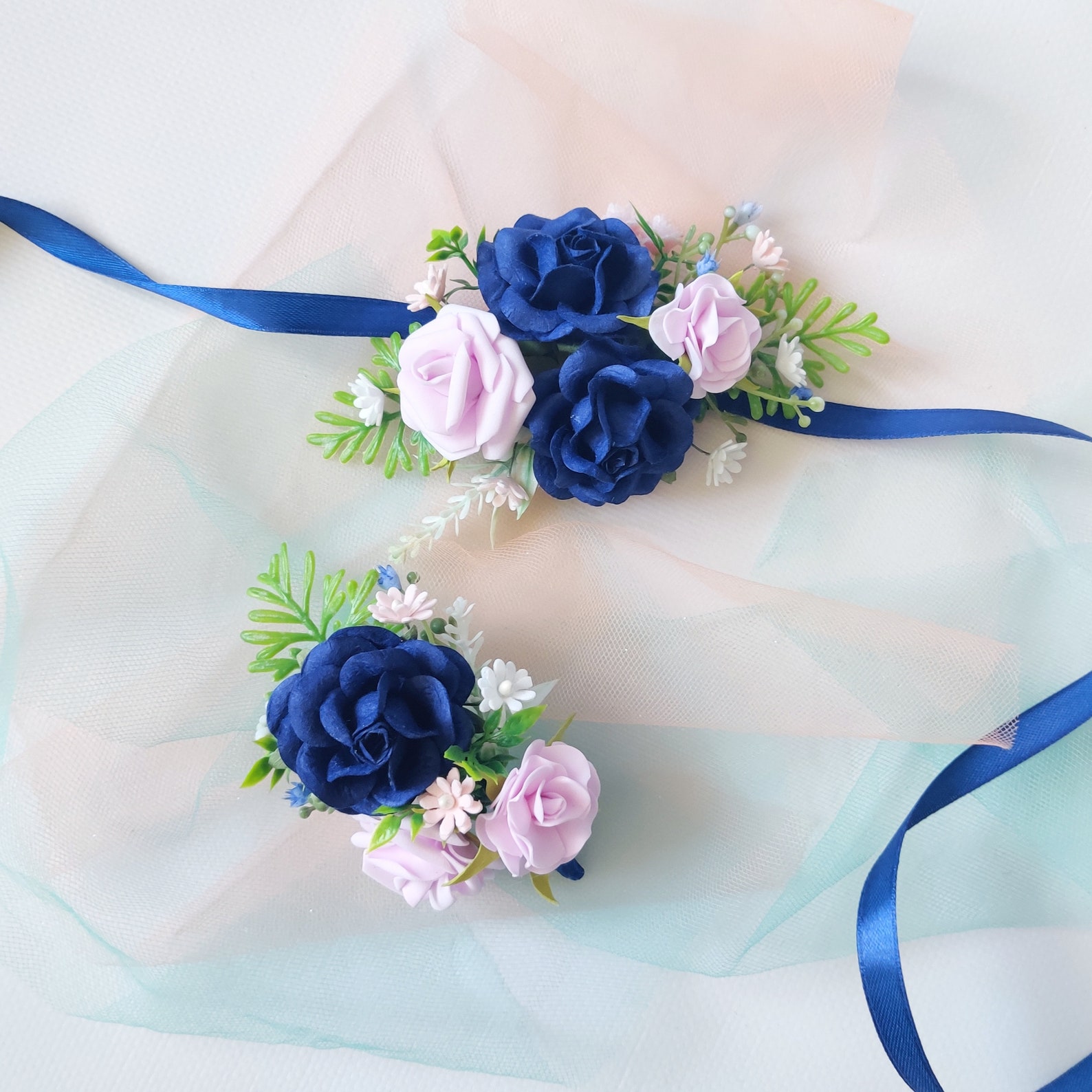 Navy Blue Wrist Corsage Prom Corsage Wristlet Blue and Pink - Etsy