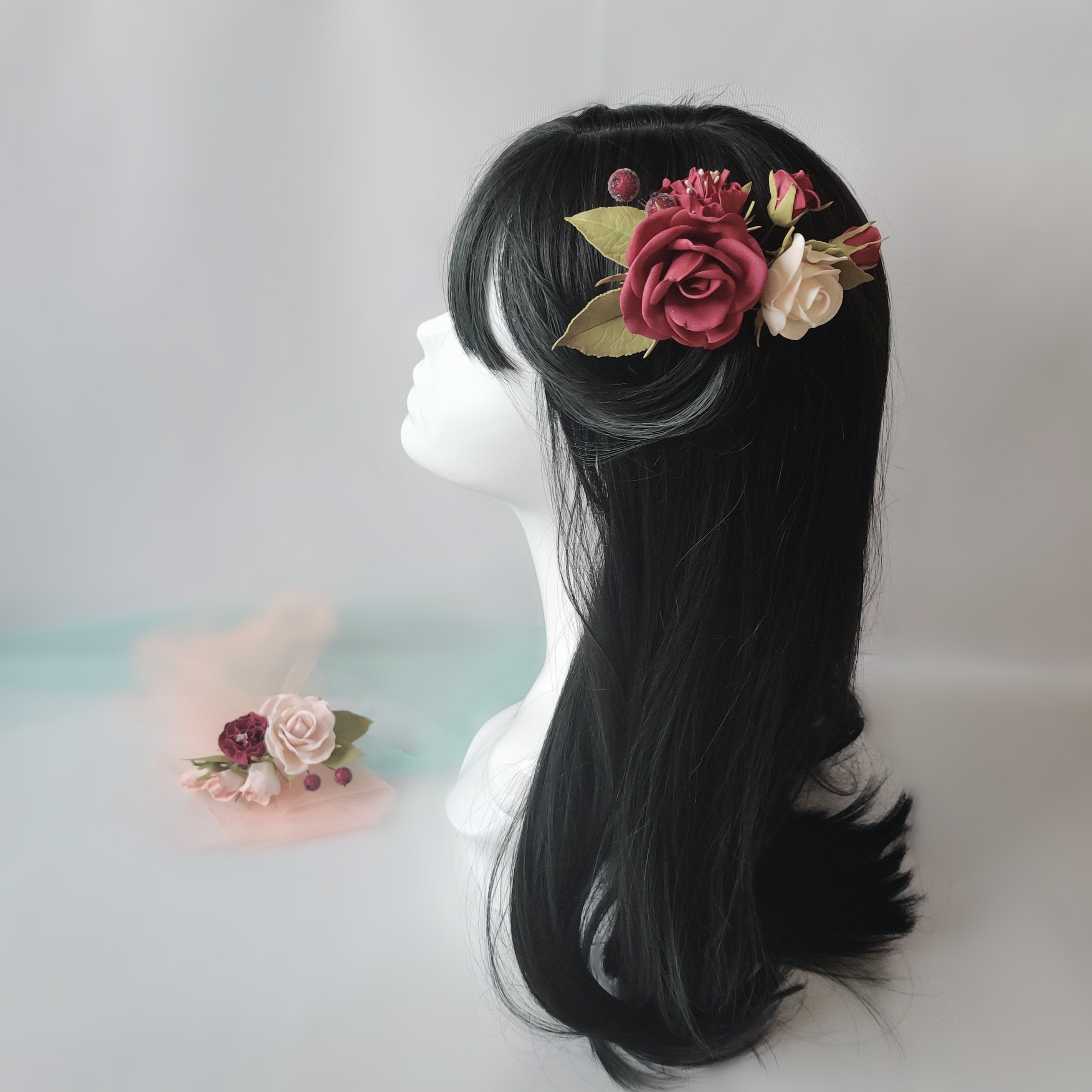 Flower Hair Comb Pink Burgundy Blush Pink Flower Comb Pink Rose Hair ...