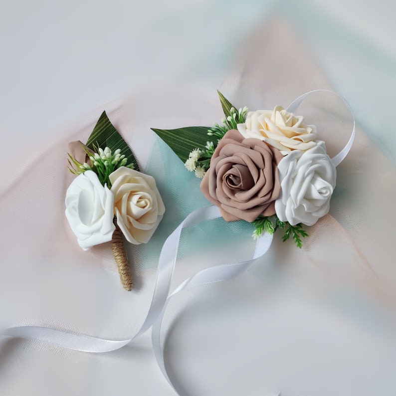Champagne Rose Wrist Corsage and Boutonniere Set, Beige Bridal Flower ...