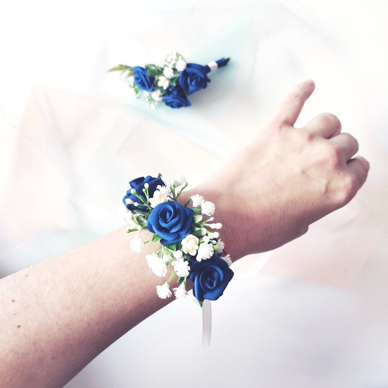 Navy Blue Wrist Corsage and Boutonniere Set Prom Wristlet - Etsy
