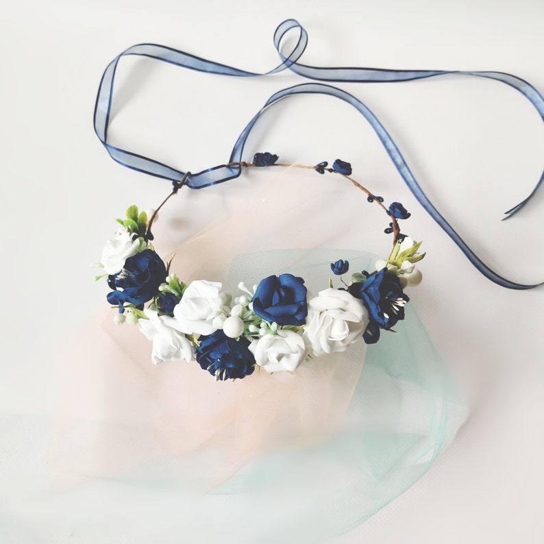 Navy Blue White Flower Crown Royal Blue Floral Crown Navy Wedding ...