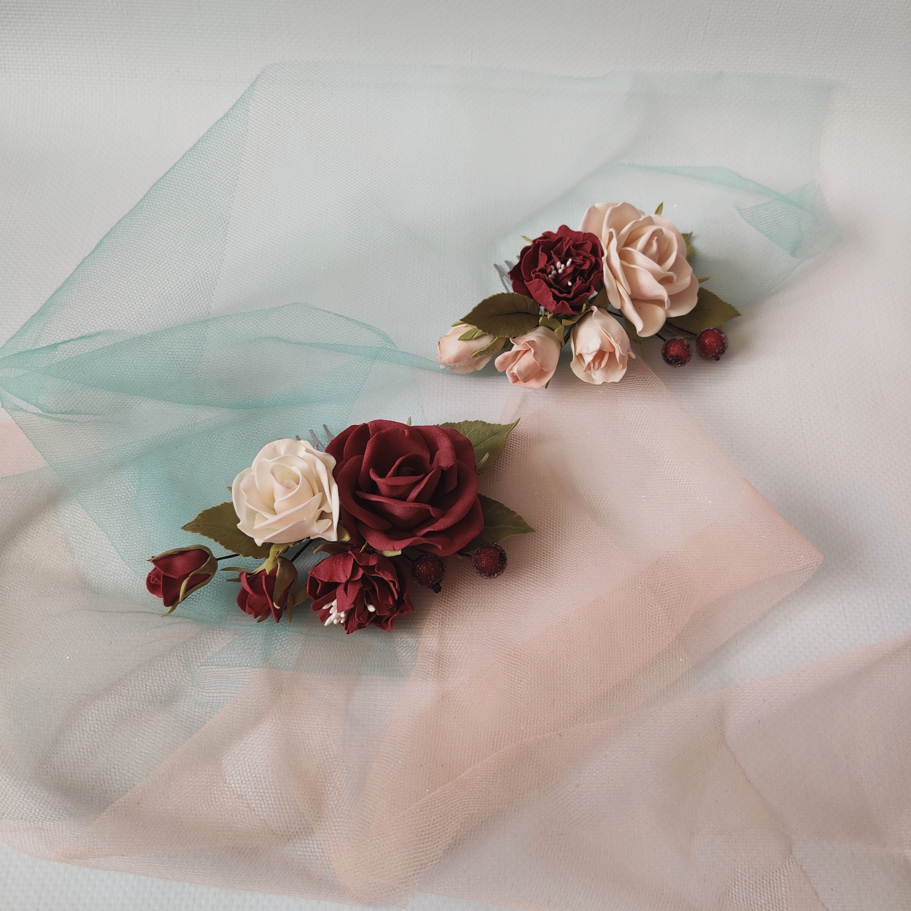 Flower Hair Comb Pink Burgundy Blush Pink Flower Comb Pink Rose Hair ...