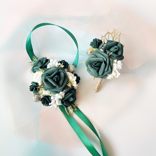 Navy Blue Wrist Corsage and Boutonniere Set Prom Wristlet - Etsy