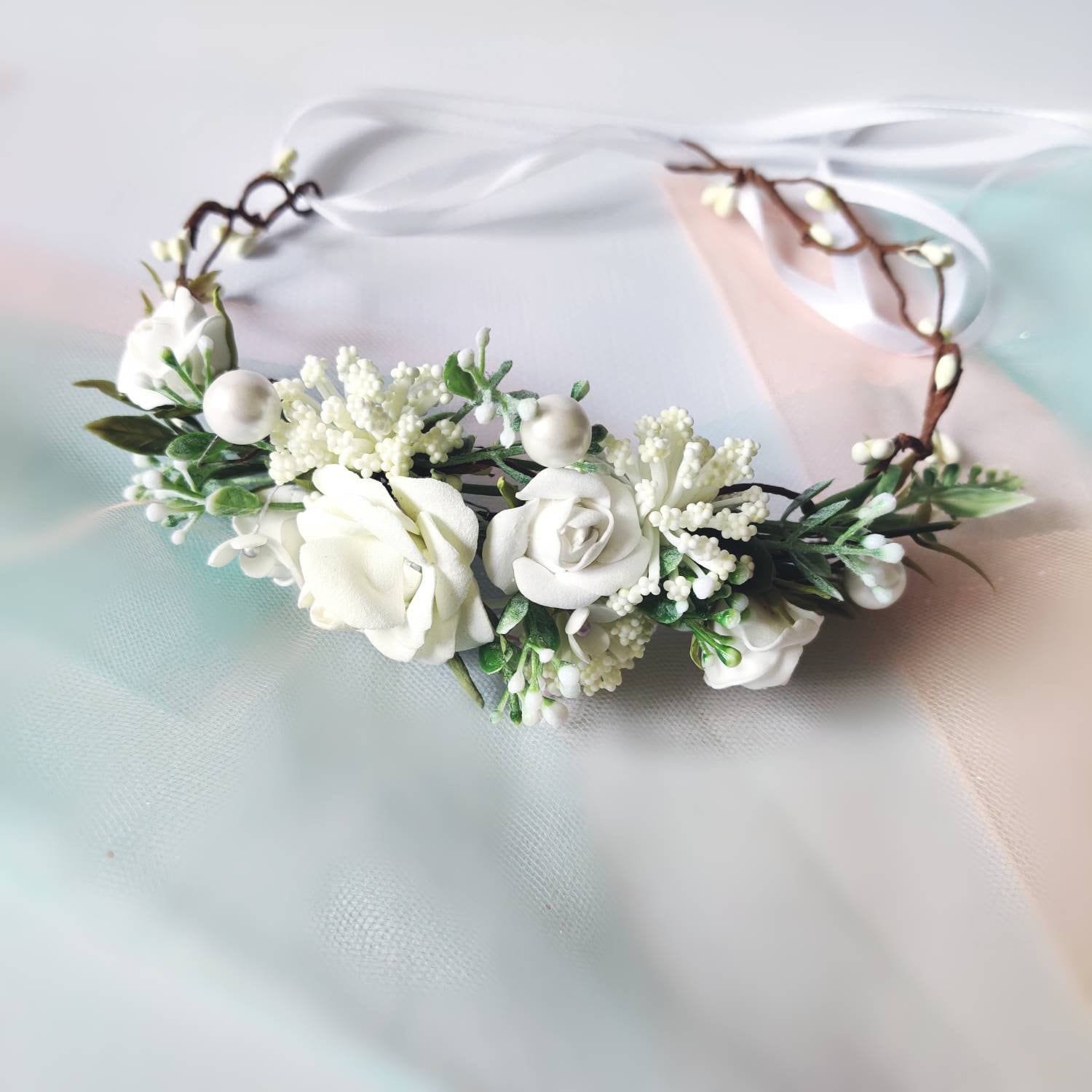 Simple wedding flower crown bride white green bridal wreath | Etsy