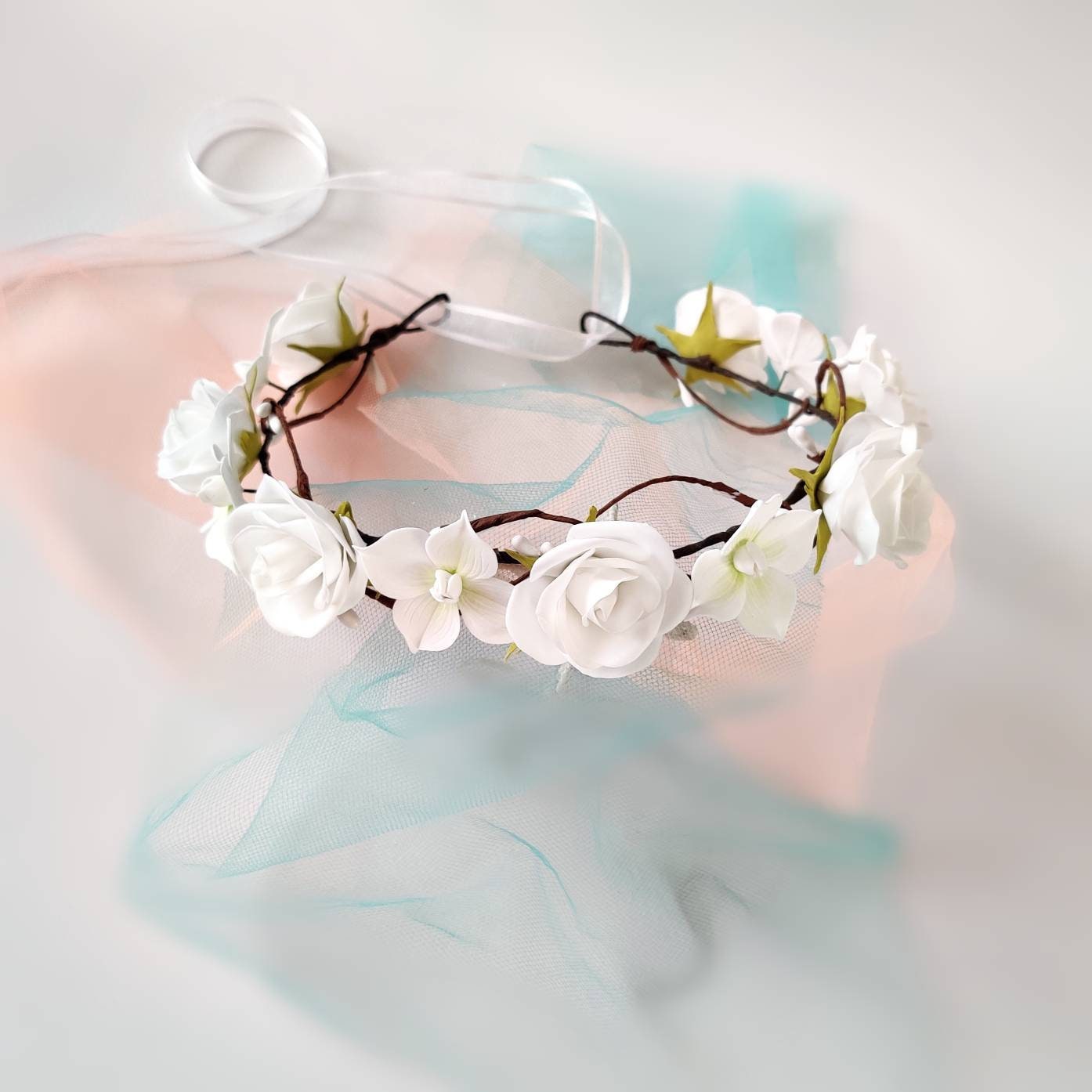 White Wedding Crown Flower Girl Crown Bridal Flower Crown White Rose ...