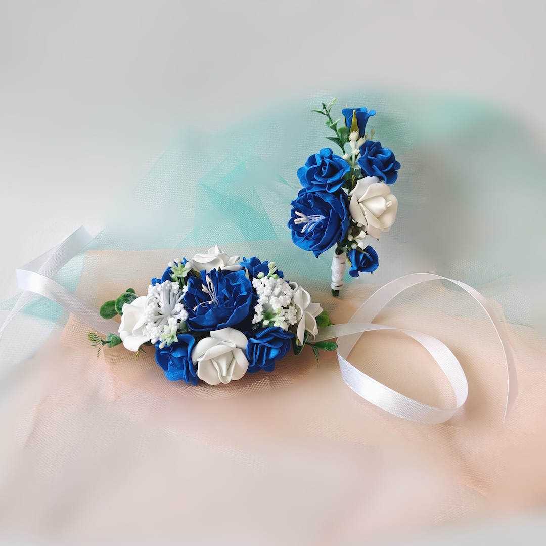 Corsage and Boutonniere Set Royal Blue Prom Corsage Wristlet Blue ...