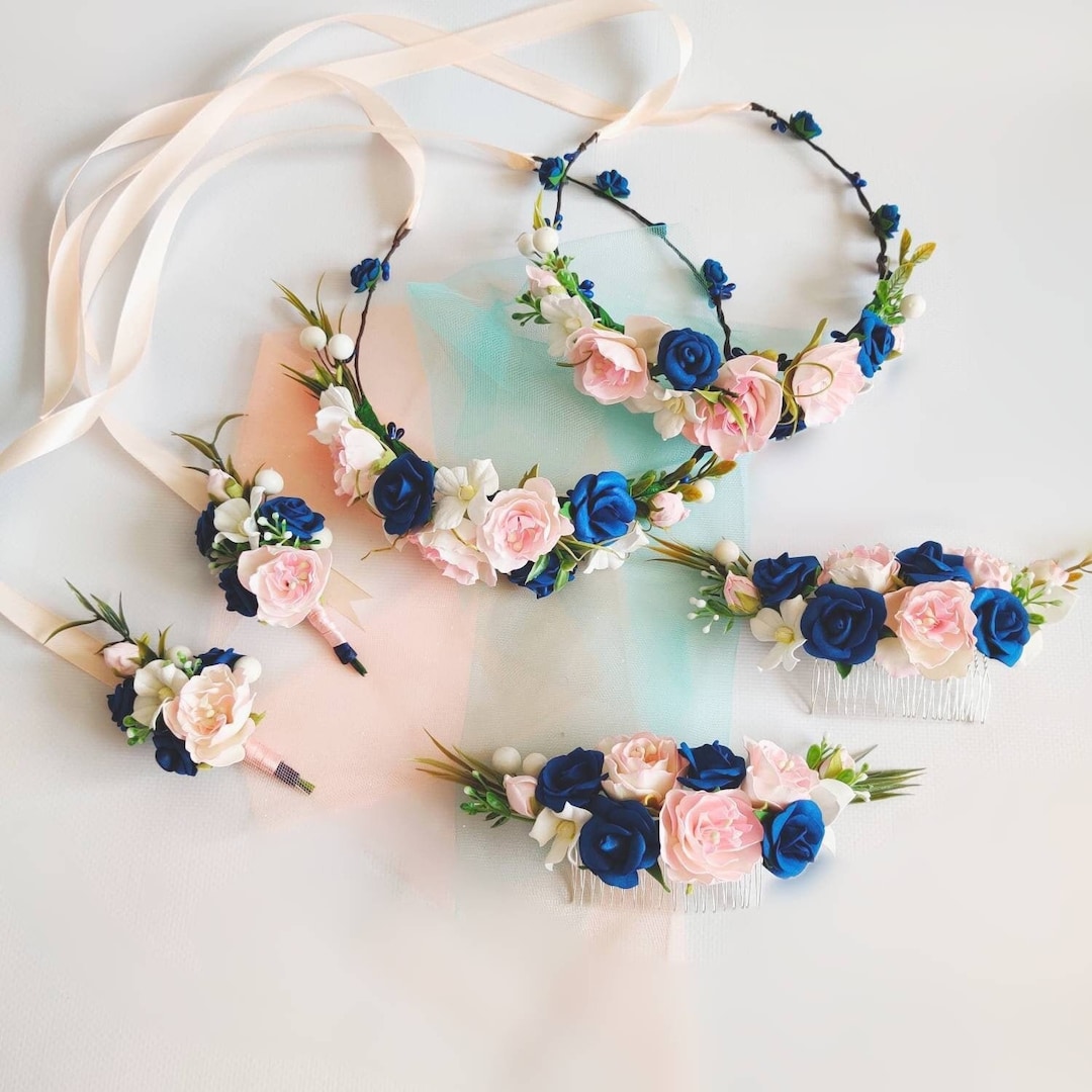 Navy Blue Blush Pink Flower Crown Prom Corsage and Boutonniere Set Blue ...