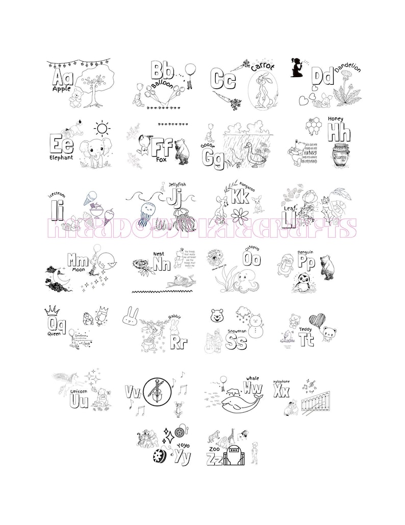Winnie-the-pooh Coloring Pages: ABC Book, Kids Party Activity (digital ...