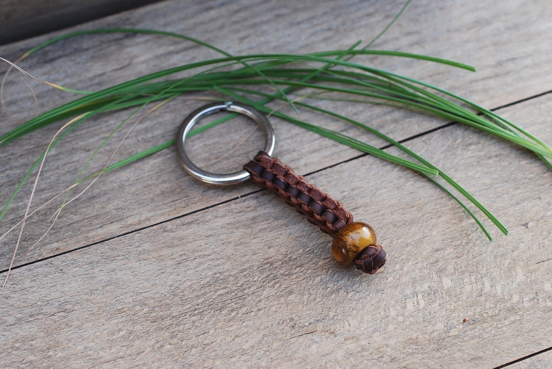 Eye of Tiger Full Grain Braided Leather Keyring. Square Braided Leather ...