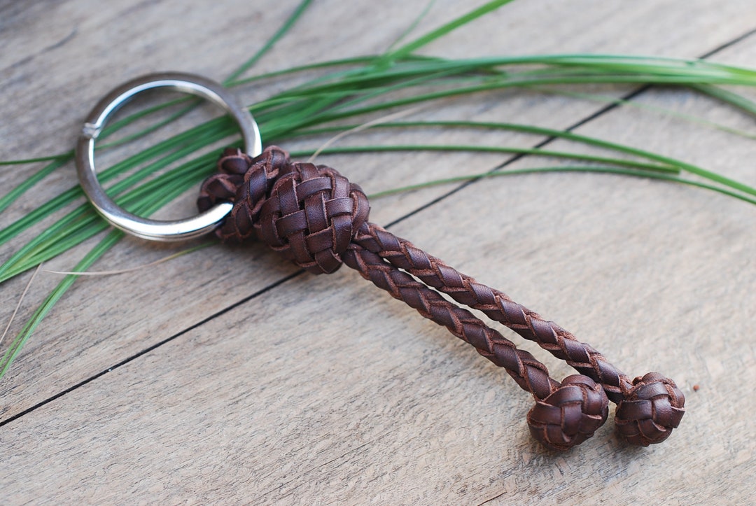 Doble Braided Leather Keychain and Braided Balls. Long Brown Full Grain ...
