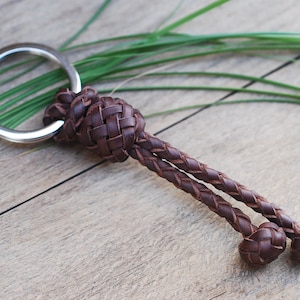 Doble Braided Leather Keychain and Braided Balls. Long Brown Full Grain ...