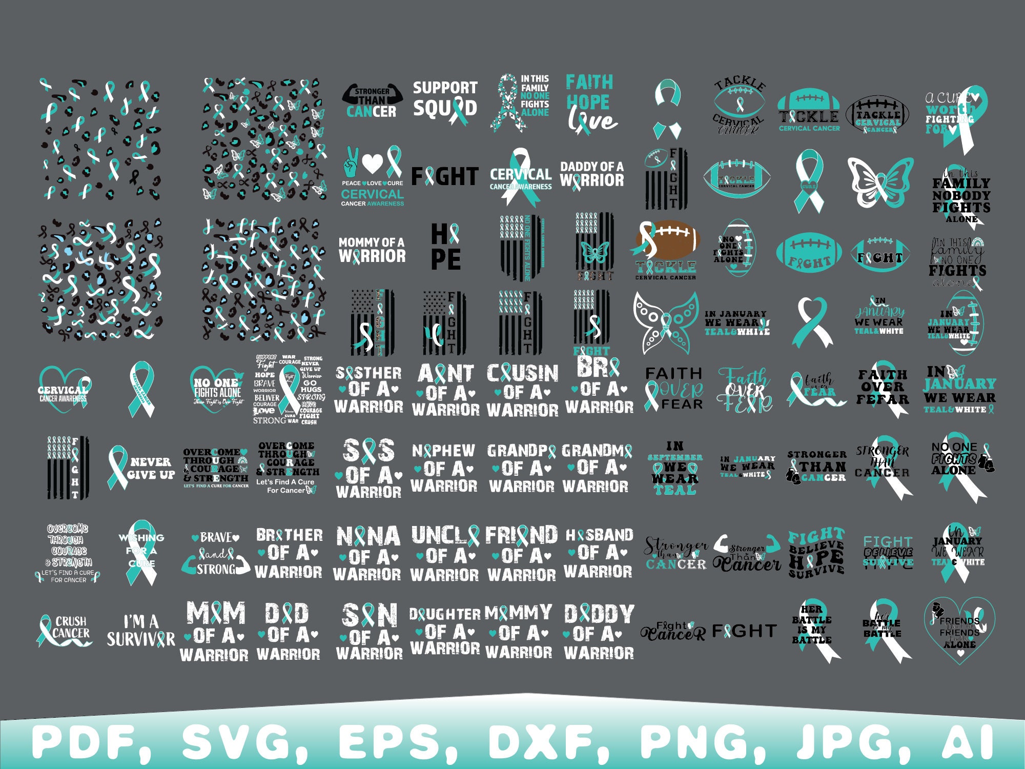 Cervical Cancer Awareness Svg Bundle , Teal and White Ribbon Svg ...