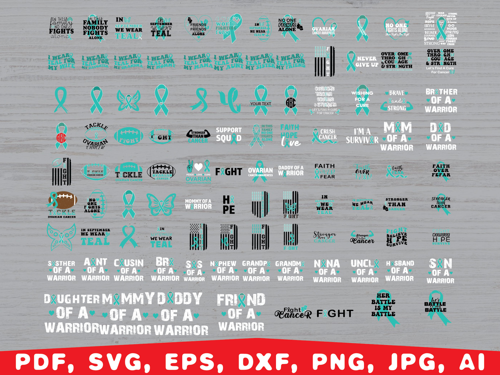 Ovarian Cancer Awareness Svg Bundle , Teal Ribbon Svg, Ovarian Cancer ...