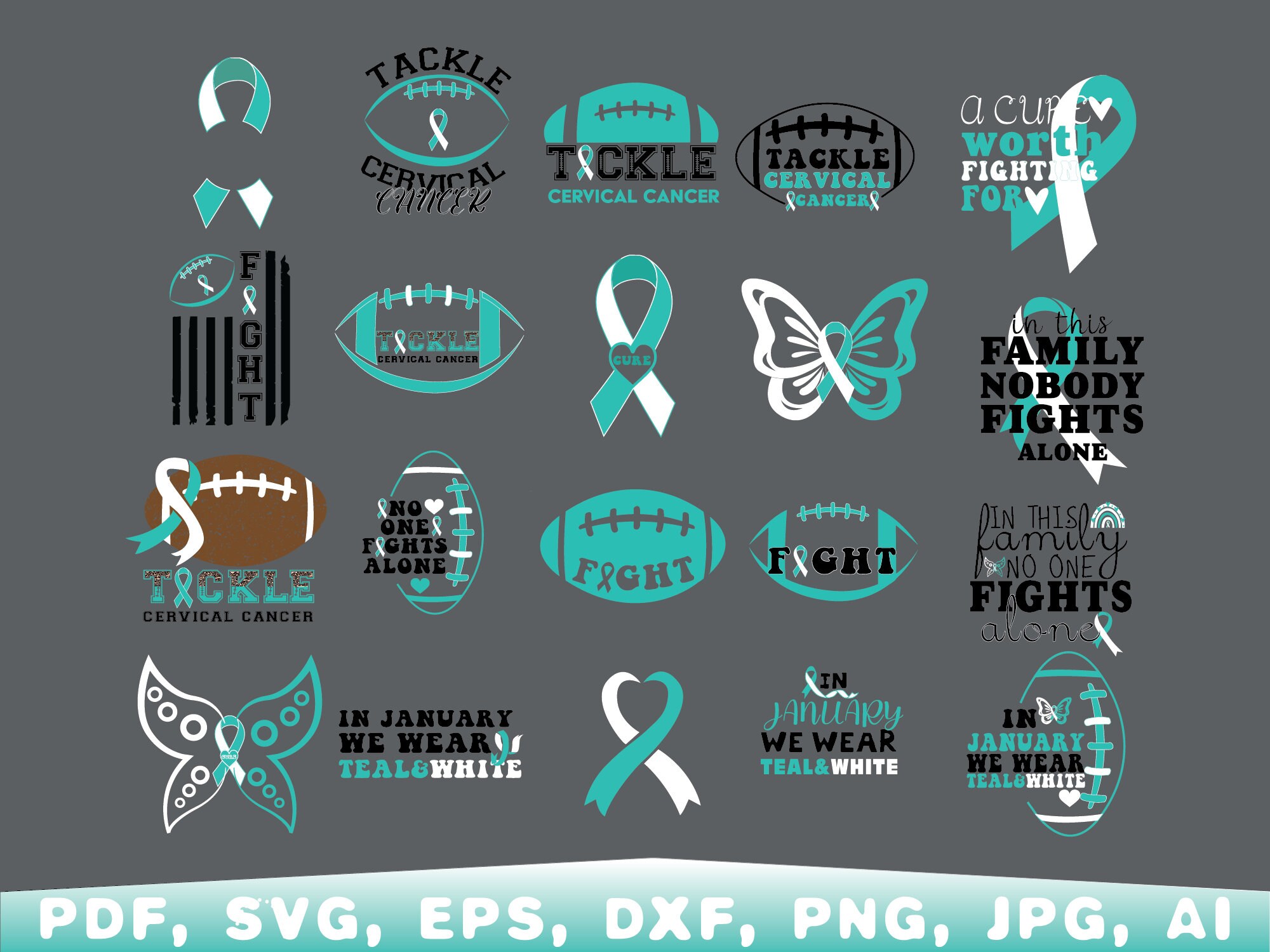Cervical Cancer Awareness Svg Bundle , Teal and White Ribbon Svg ...