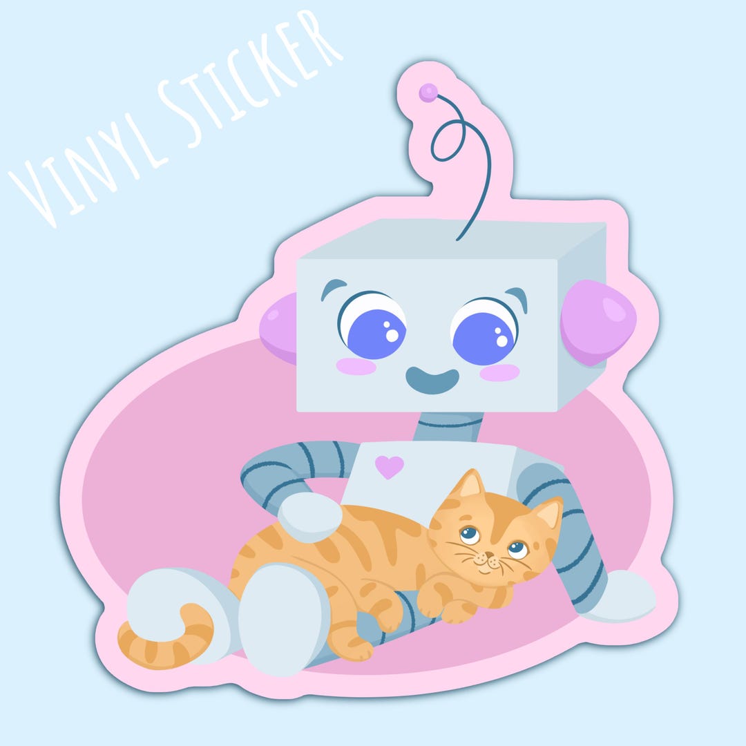 Orange Tabby Cat and Retro Robot Vinyl Sticker by Earth Curious Art Co ...