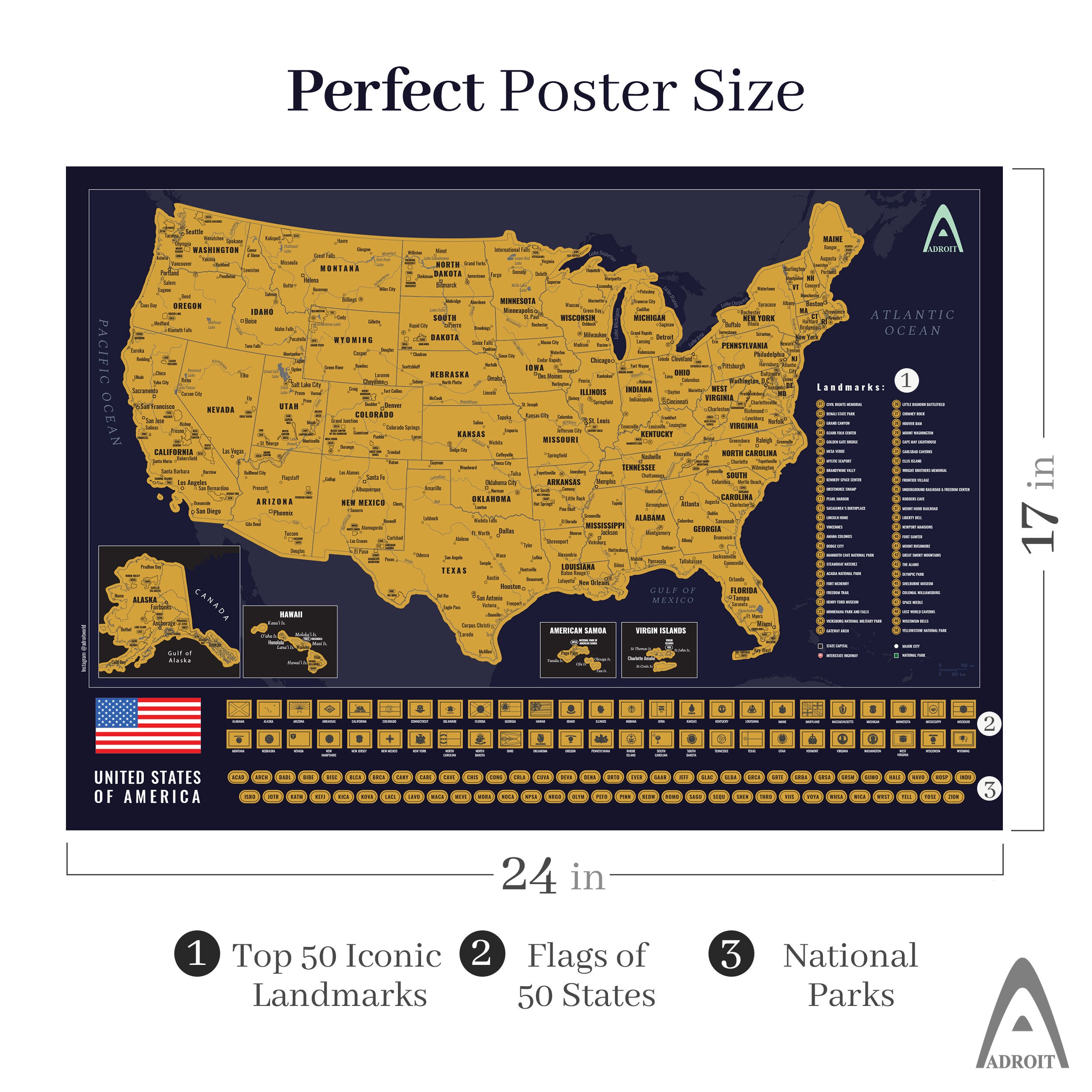 Scratch Map of the United States With National Parks Large 24 X 17 Inch ...