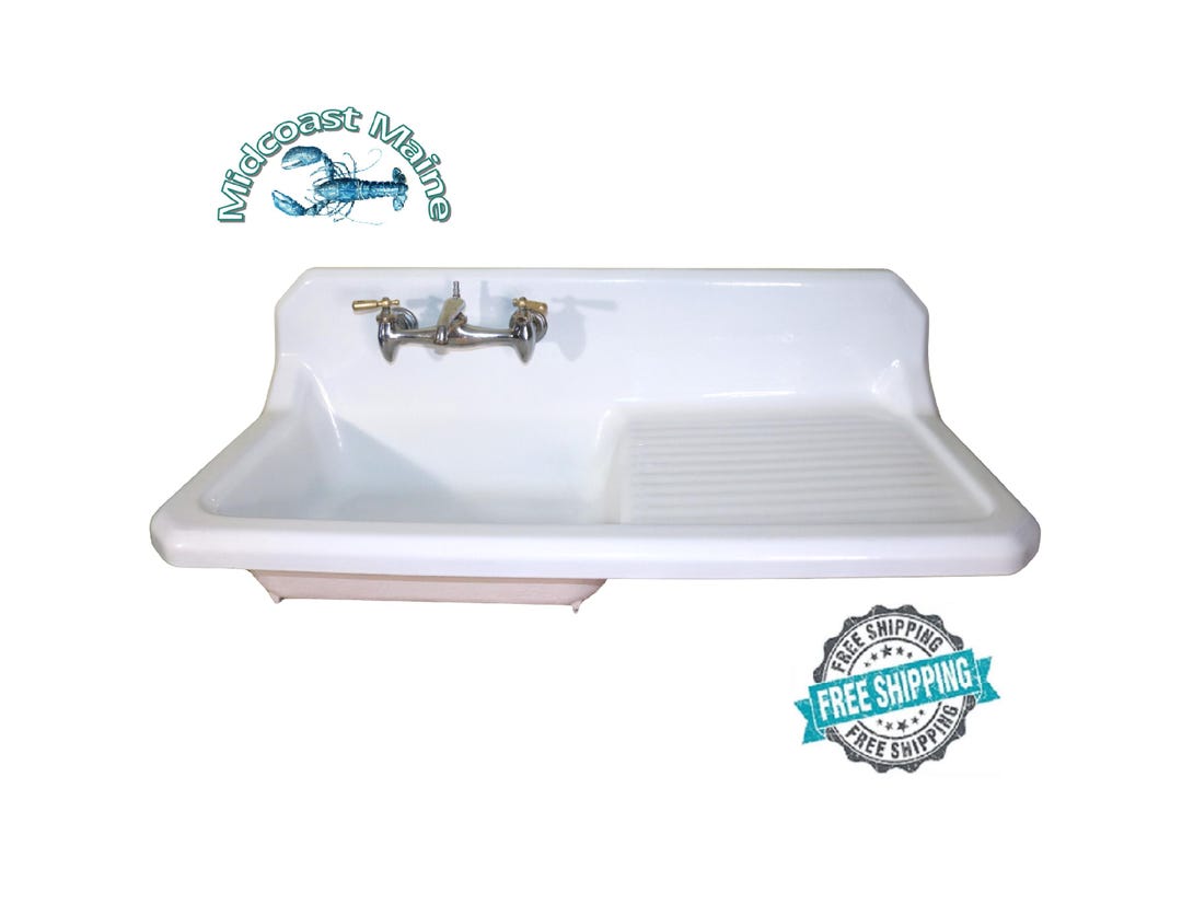 1938 Vintage Eljer 42" Wide Porcelain & Cast Iron Drainboard Sink With ...