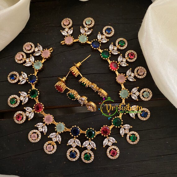 Multicolor Cocktail AD Stone Short Necklace Wedding Jewelry Collar Necklace Necklace Set Choker Necklace Traditional Jewelry Gift For Her
