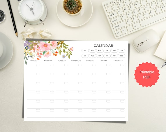 Monthly Blank Calendar Template Flower A4 11 X 8.5 Inches - Etsy
