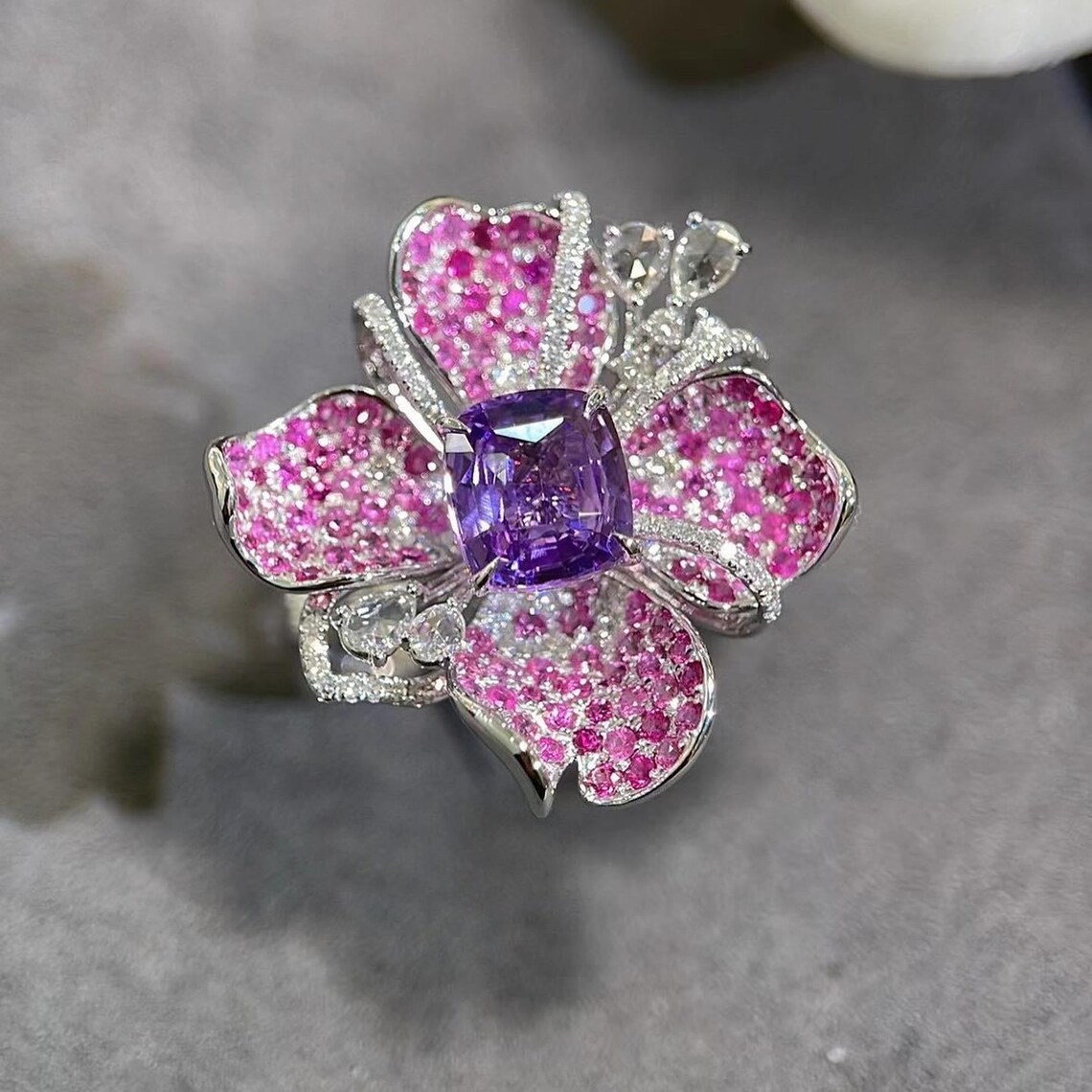 COLLECTION Magnificent Cocktail Flower Ring in Natural Cushion Purple ...