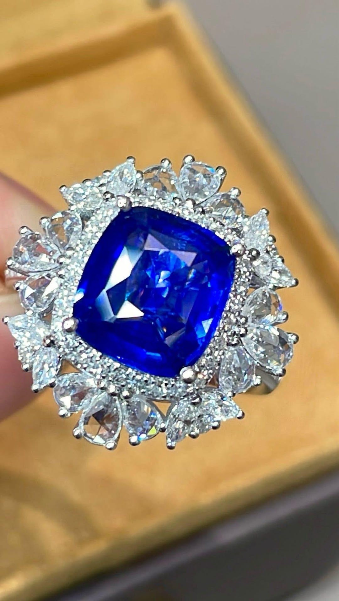 Vivid Royal Blue Sapphire Halo Ring 3.48ct Cushion Cut With Diamonds ...