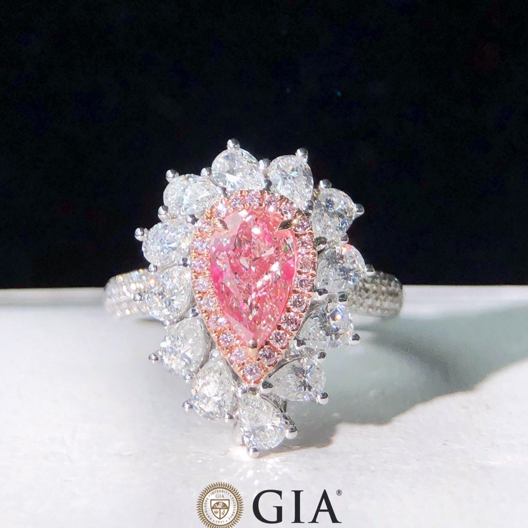 Pear Cut 1ct Natural Pink Diamond Halo Ring in 18k White Gold GIA ...