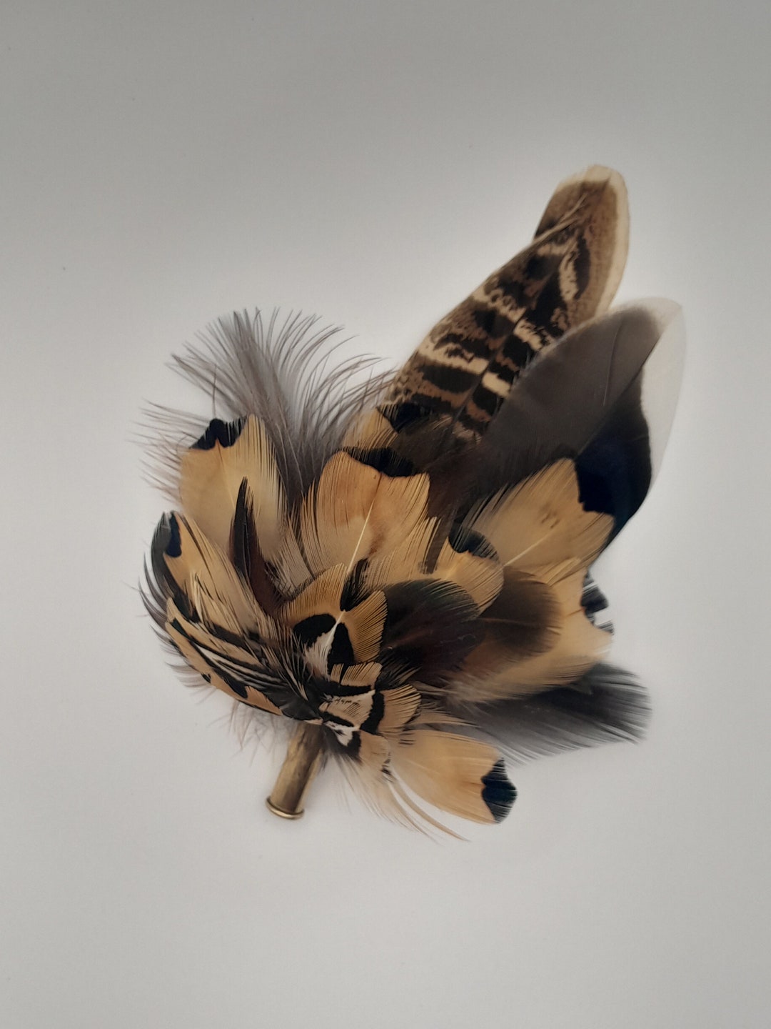 Game Feather and Small Rifle Shell Pin, Pheasant Feather Brooch ...