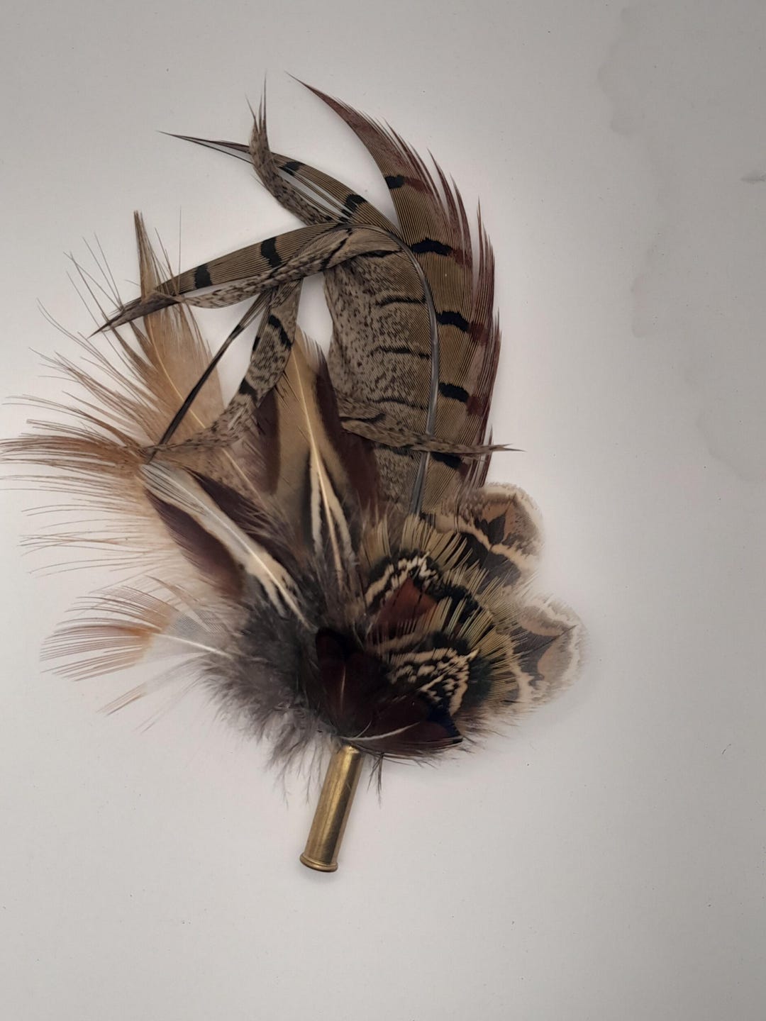 Game Feather and Rifle Shell Pin, Pheasant Feather Brooch, Buttonhole ...