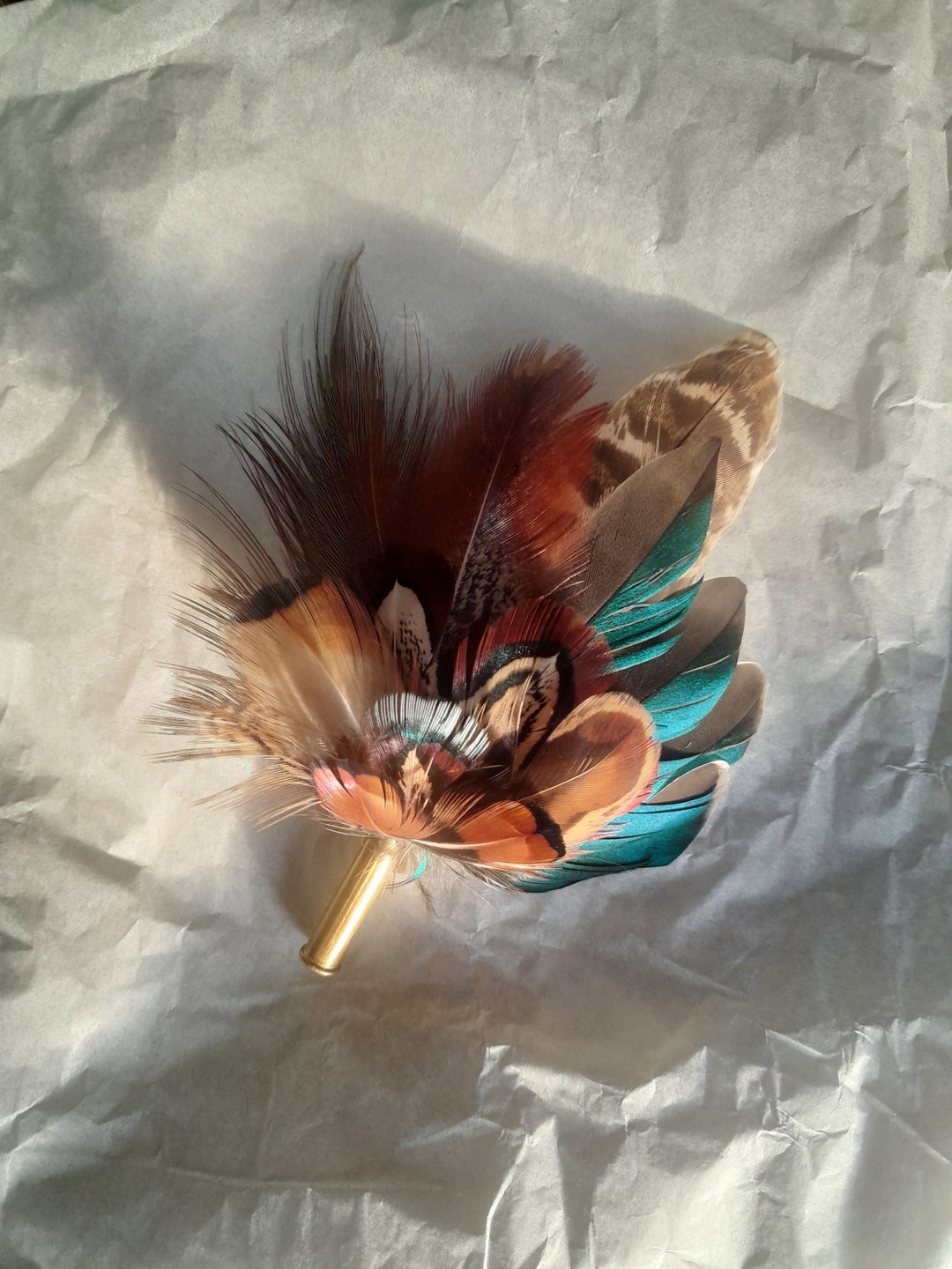 Game Feather and Small Rifle Shell Pin, Pheasant Feather Brooch ...