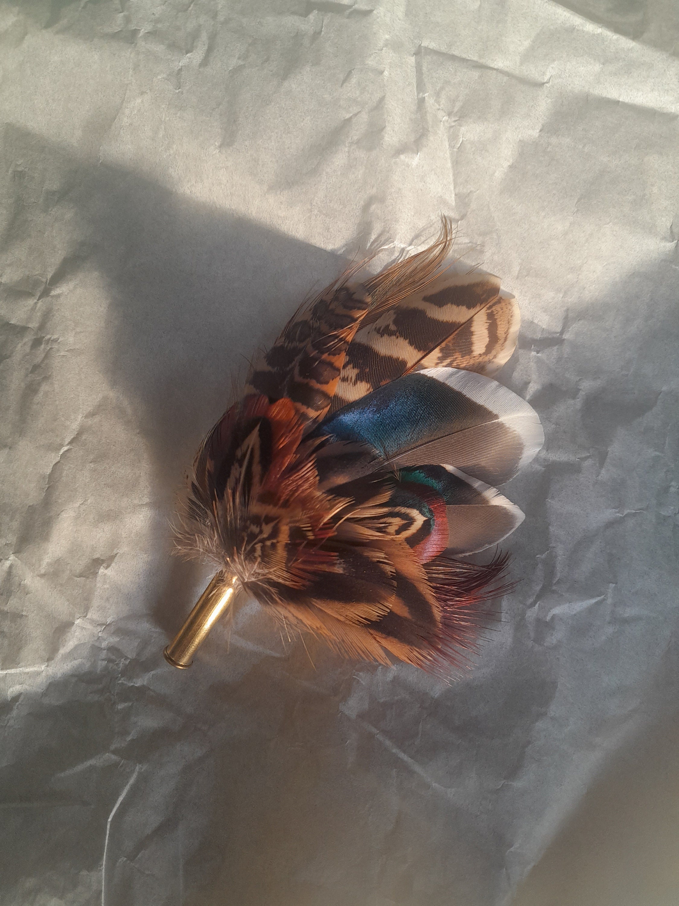 Game Feather and Small Rifle Shell Pin, Pheasant Feather Brooch ...