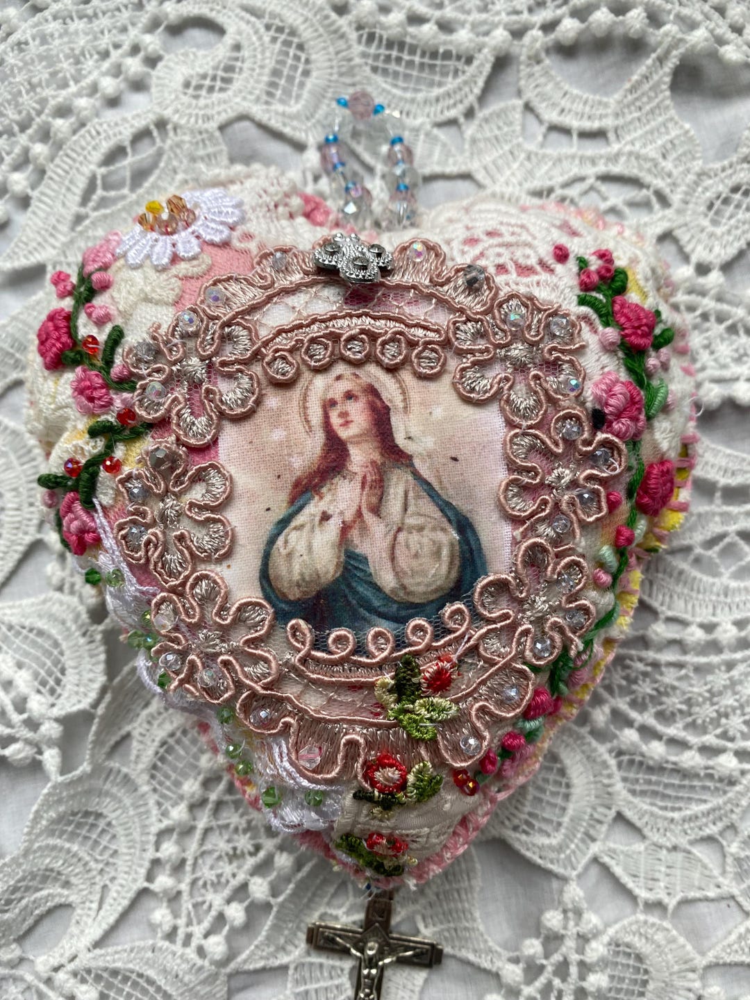 SALE Catholic Hand Stitched Vintage Heart. Sacred Art - Etsy