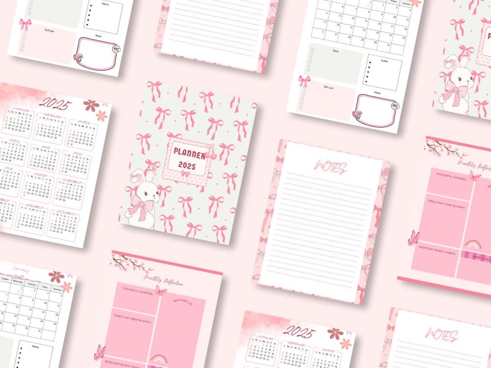 Printable 2025 Planner - Cute Pink Bow Theme With Habits, Notes ...