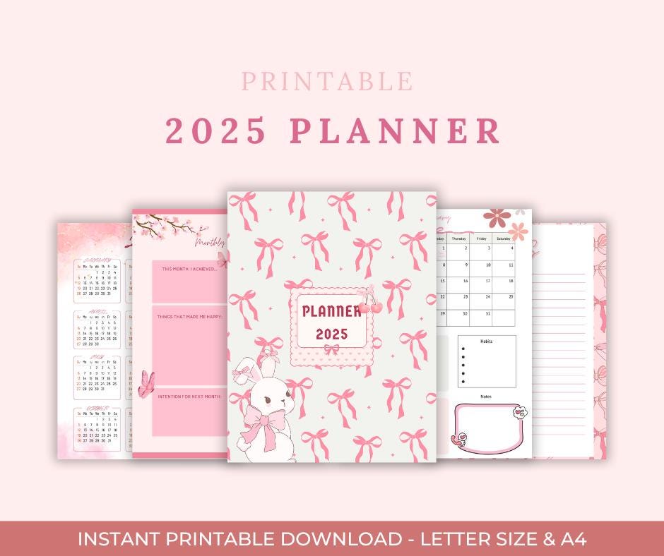 Printable 2025 Planner - Cute Pink Bow Theme With Habits, Notes ...