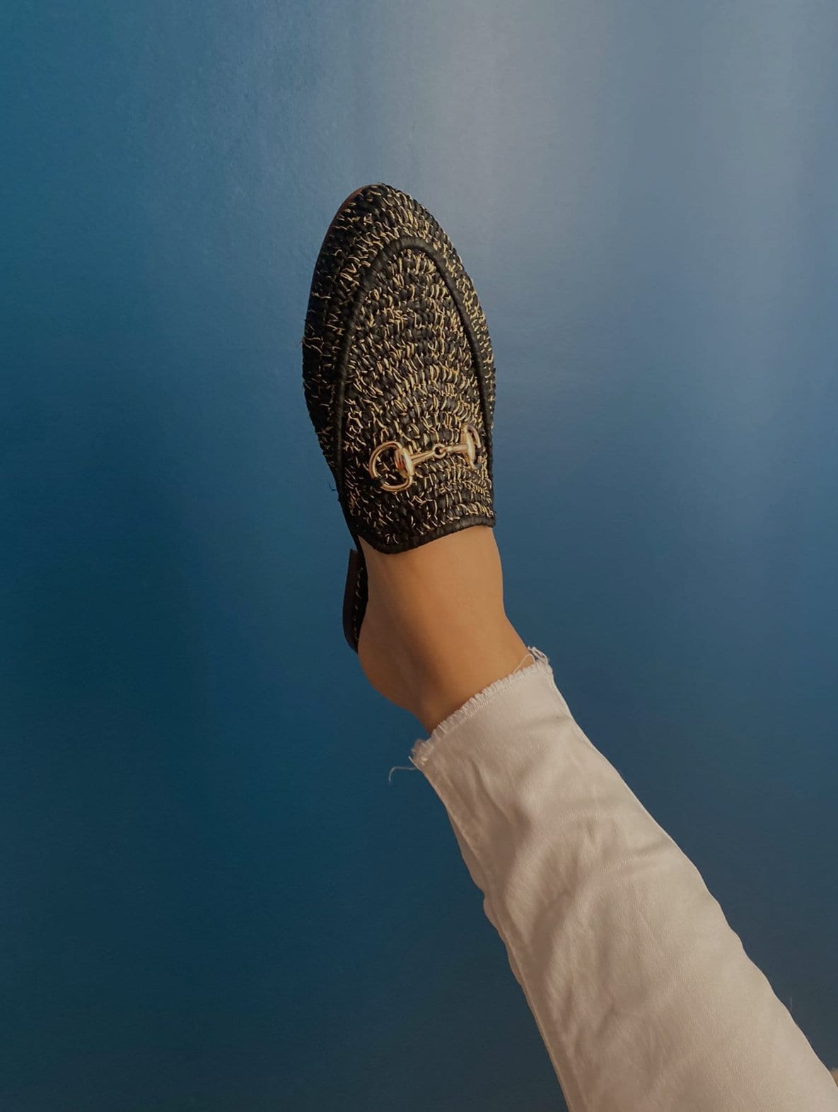 All Black Raffia Woven Mule With Gold Thread, Luxury Flat Shoes for ...