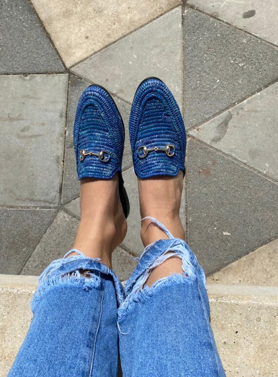 Mule Blue Jeans Raffia Shoes Women's Sandals Handwoven - Etsy