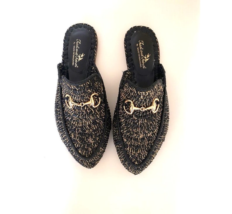 All Black Raffia Woven Mule With Gold Thread, Luxury Flat Shoes for ...