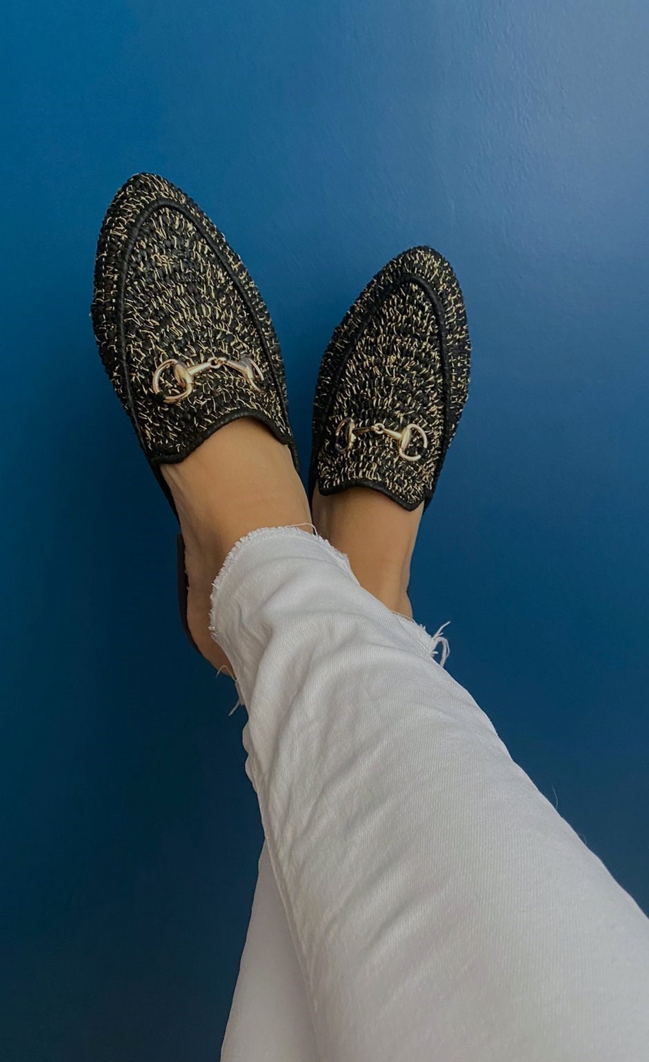 All Black Raffia Woven Mule With Gold Thread, Luxury Flat Shoes for ...