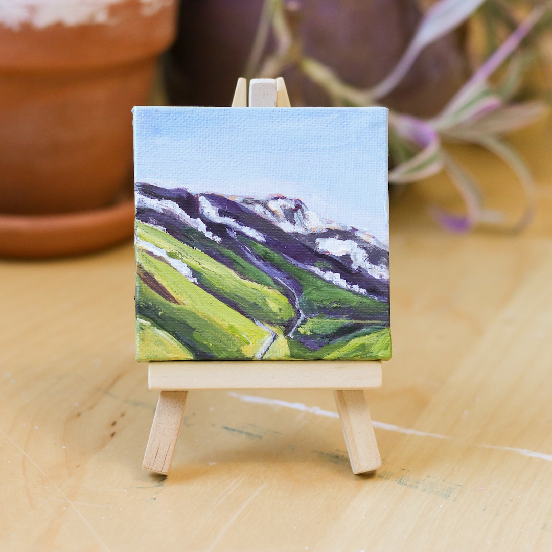 Mini 3x3 Mountain Landscape Green Original Painting on Mini Canvas With ...